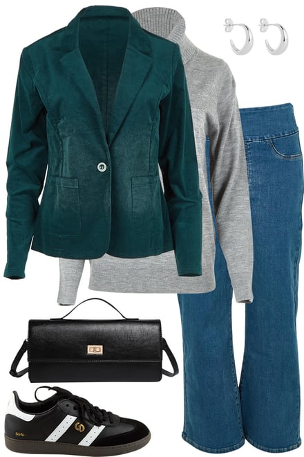 Deep Petrol Cord Blazer + Grey Knit + Denim – birdsnest
