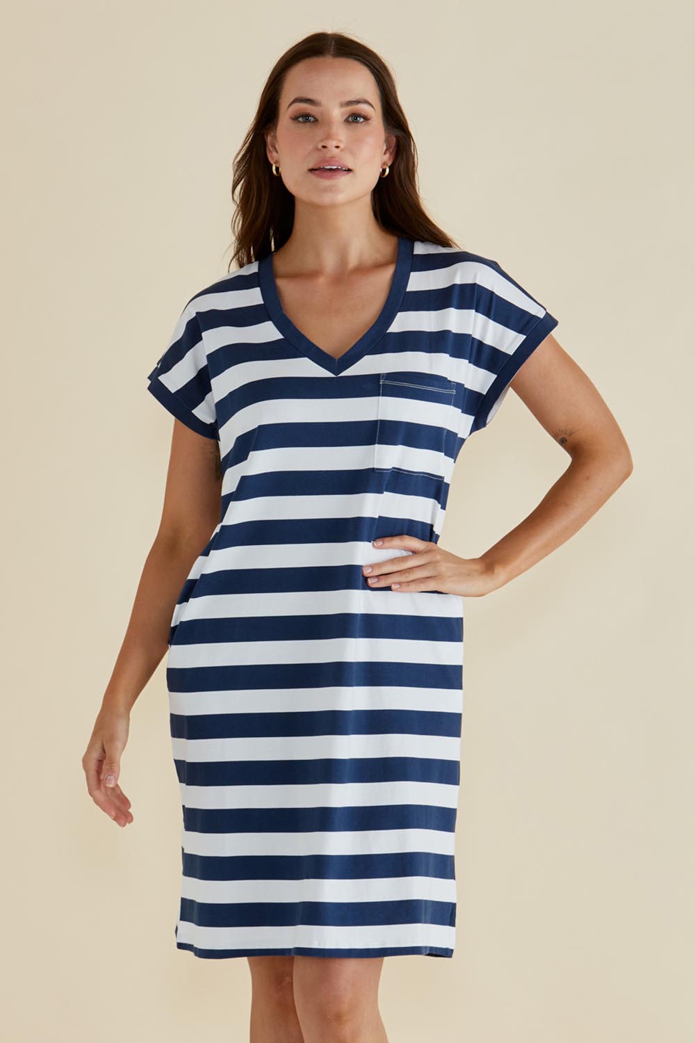 Betty Basics Zena Cotton T Shirt Dress in Navy Stripe – birdsnest